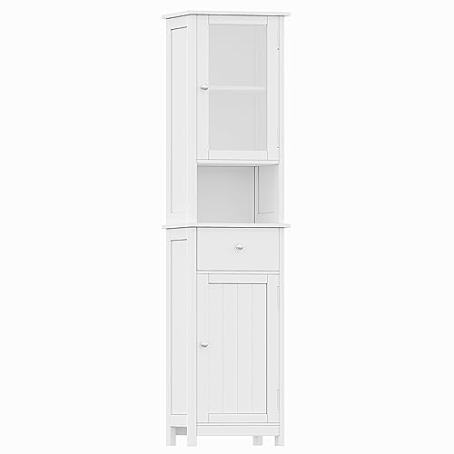 Rovaurx Tall Bathroom Floor Cabinet with Glass Doors, Narrow FreeStanding Storage Cabinet with Adjustable Shelf, Wooden Bathroom Storage Cabinet, Pantry with Drawer, White BMGZ105W