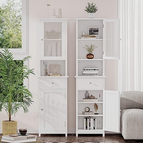 Rovaurx Tall Bathroom Floor Cabinet with Glass Doors, Narrow FreeStanding Storage Cabinet with Adjustable Shelf, Wooden Bathroom Storage Cabinet, Pantry with Drawer, White BMGZ105W