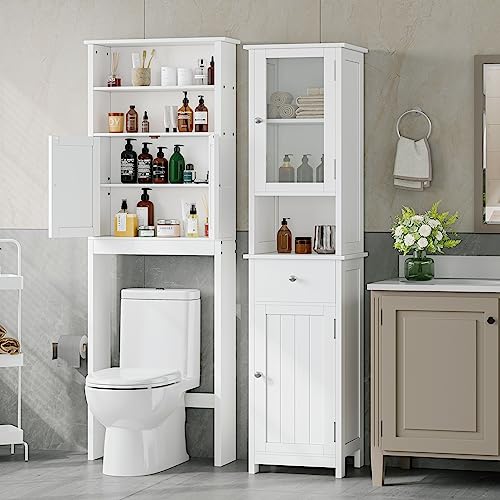 Rovaurx Tall Bathroom Floor Cabinet with Glass Doors, Narrow FreeStanding Storage Cabinet with Adjustable Shelf, Wooden Bathroom Storage Cabinet, Pantry with Drawer, White BMGZ105W