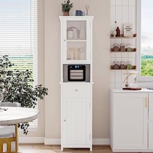 Rovaurx Tall Bathroom Floor Cabinet with Glass Doors, Narrow FreeStanding Storage Cabinet with Adjustable Shelf, Wooden Bathroom Storage Cabinet, Pantry with Drawer, White BMGZ105W