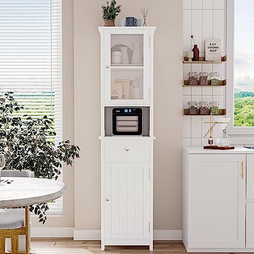 Rovaurx Tall Bathroom Floor Cabinet with Glass Doors, Narrow FreeStanding Storage Cabinet with Adjustable Shelf, Wooden Bathroom Storage Cabinet, Pantry with Drawer, White BMGZ105W