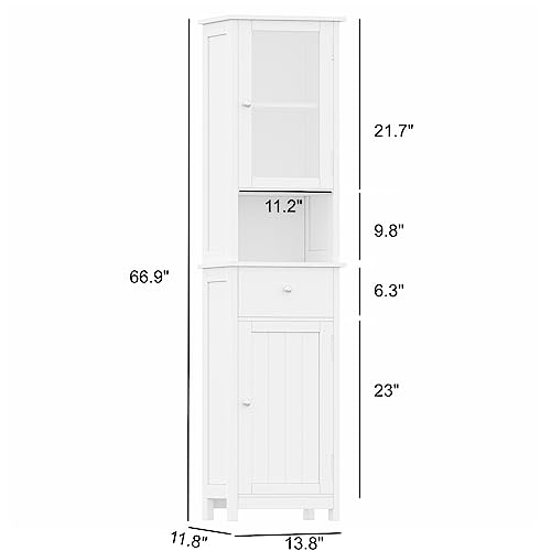 Rovaurx Tall Bathroom Floor Cabinet with Glass Doors, Narrow FreeStanding Storage Cabinet with Adjustable Shelf, Wooden Bathroom Storage Cabinet, Pantry with Drawer, White BMGZ105W