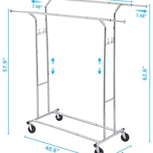 Tajsoon Clothes Rack,Collapsible Heavy Duty Garment Rack,Extendable Standard Double Rods Clothes Hanging Rack,Commercial Clothing Display Stand,Adjustable Rolling Clothes Organizer With Wheels,Chrome