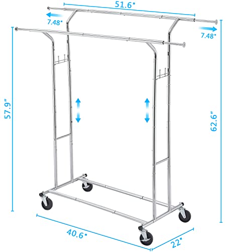 Tajsoon Clothes Rack,Collapsible Heavy Duty Garment Rack,Extendable Standard Double Rods Clothes Hanging Rack,Commercial Clothing Display Stand,Adjustable Rolling Clothes Organizer With Wheels,Chrome