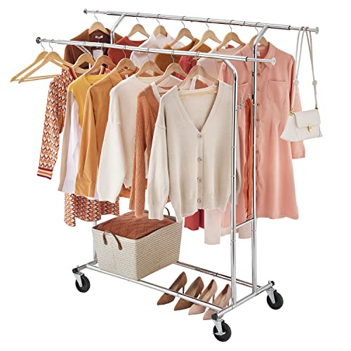 Tajsoon Clothes Rack,Collapsible Heavy Duty Garment Rack,Extendable Standard Double Rods Clothes Hanging Rack,Commercial Clothing Display Stand,Adjustable Rolling Clothes Organizer With Wheels,Chrome