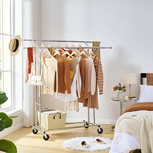 Tajsoon Clothes Rack,Collapsible Heavy Duty Garment Rack,Extendable Standard Double Rods Clothes Hanging Rack,Commercial Clothing Display Stand,Adjustable Rolling Clothes Organizer With Wheels,Chrome