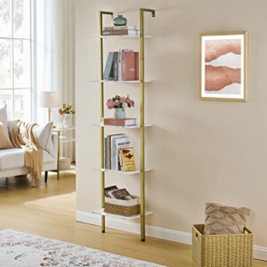 Tajsoon Industrial Bookcase, Ladder Shelf, 5-Tier Wood Wall Mounted Bookshelf with Stable Metal Frame, Open Display Rack, Storage Shelves for Bedroom, Home Office, Plant Flower, White & Gold