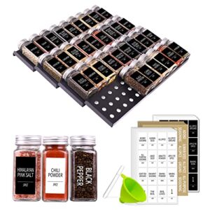 churboro spice drawer organizer with 36 spice jars, 3 types of spice labels, funnel, chalk pen- 4 tiers spice rack organizer insert for kitchen drawer, drawer seasoning rack, large