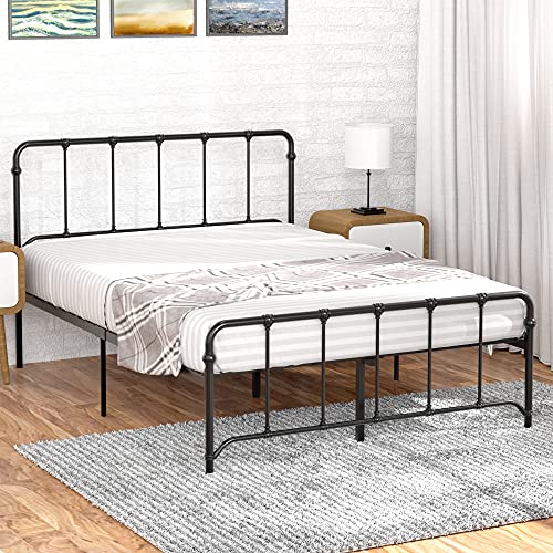 Hosslly Black Metal Full Bed Frame with Headboard and Storage 12 inch Platform No Box Spring Needed Easy Assembly