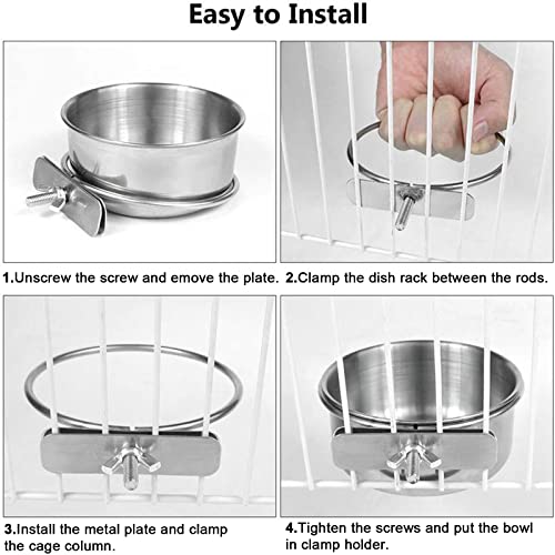 Lucky Interests 6 pcs Bird Feeding Dish Cups, Parrot Stainless Steel Food Bowl Bird Cage Water Feeder with Clamp Holder for Parrots Cockatiel Budgies Lovebird Parakeet Feeding Cups with 6 Bird Spoon