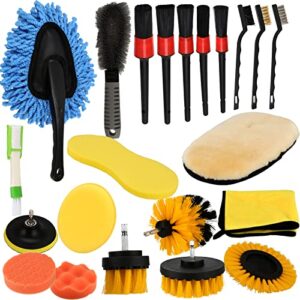 mahiong 22 pcs car cleaning tools kit, car detailing brush set, auto detailing drill brush set car cleaning kit with tire brush polishing pads for interior exterior cleaning