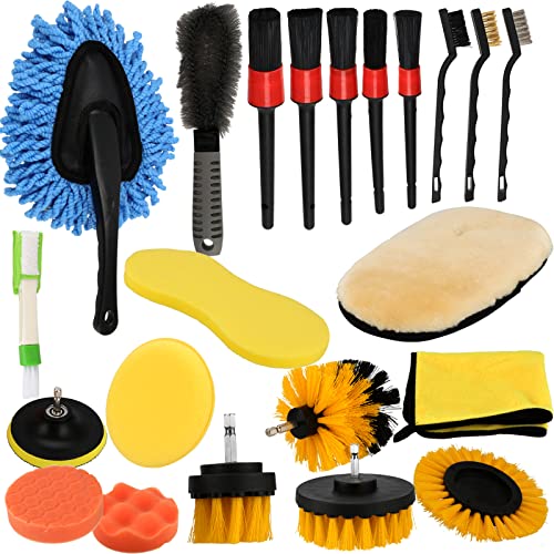 MAHIONG 22 PCS Car Cleaning Tools Kit, Car Detailing Brush Set, Auto Detailing Drill Brush Set Car Cleaning Kit with Tire Brush Polishing Pads for Interior Exterior Cleaning