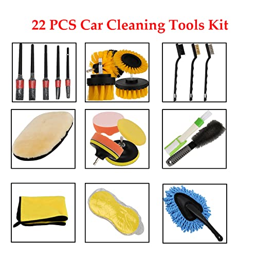 MAHIONG 22 PCS Car Cleaning Tools Kit, Car Detailing Brush Set, Auto Detailing Drill Brush Set Car Cleaning Kit with Tire Brush Polishing Pads for Interior Exterior Cleaning