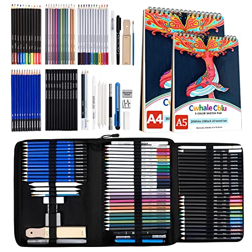 77 Pack Drawing Sets Art Kit, Pro Drawing Supplies with 8x11Inch 3-Color Sketch Book,Include Colored, Graphite, Charcoal, Watercolor & Metallic Pencil, Art Pencil Set For Kids Artists Beginners