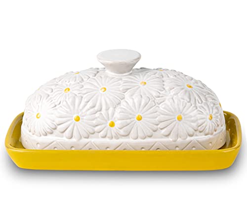 Ceramic Butter Dish With Lid For Countertop Daisy Butter Keeper Butter Container Large Butter Holder Butter Tray Covered Butter Dish Butter Dishes With Lid Butter Storage Butter Holder For Counter