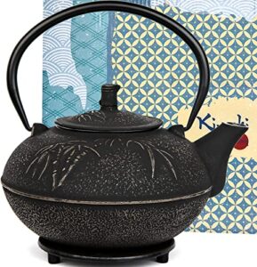 xxl cast iron teapot xtra large capacity 85oz/2500ml with trivet and loose leaf tea infuser, large cast iron teapot kettle stovetop safe. tetsubin coated with enamel interior - big teapot black