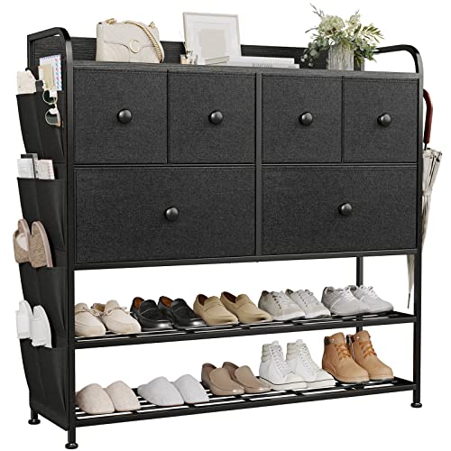 REAHOME Black Dresser for Bedroom 6 Fabric Drawer Dresser with 2-Tier Storage Shelf Chest of Drawers Closets Large Dresser Organizer Tower for Living Room Hallway Entryway Closets (Black Gray)