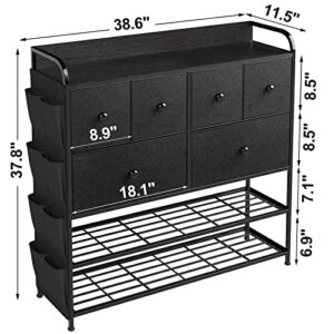 REAHOME Black Dresser for Bedroom 6 Fabric Drawer Dresser with 2-Tier Storage Shelf Chest of Drawers Closets Large Dresser Organizer Tower for Living Room Hallway Entryway Closets (Black Gray)