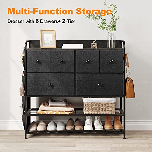 REAHOME Black Dresser for Bedroom 6 Fabric Drawer Dresser with 2-Tier Storage Shelf Chest of Drawers Closets Large Dresser Organizer Tower for Living Room Hallway Entryway Closets (Black Gray)