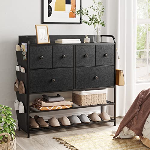 REAHOME Black Dresser for Bedroom 6 Fabric Drawer Dresser with 2-Tier Storage Shelf Chest of Drawers Closets Large Dresser Organizer Tower for Living Room Hallway Entryway Closets (Black Gray)