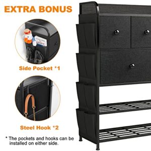 REAHOME Black Dresser for Bedroom 6 Fabric Drawer Dresser with 2-Tier Storage Shelf Chest of Drawers Closets Large Dresser Organizer Tower for Living Room Hallway Entryway Closets (Black Gray)