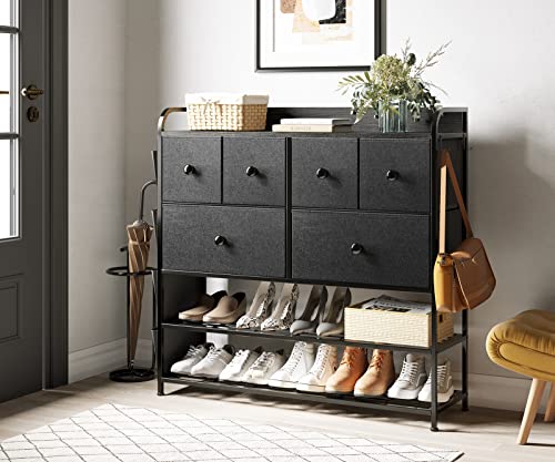 REAHOME Black Dresser for Bedroom 6 Fabric Drawer Dresser with 2-Tier Storage Shelf Chest of Drawers Closets Large Dresser Organizer Tower for Living Room Hallway Entryway Closets (Black Gray)