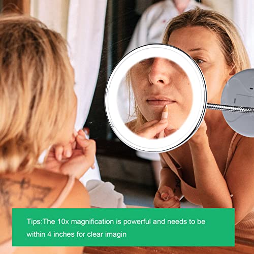 BILEEVO 10X Magnifying Vanity Mirror, Suction Cup Makeup Mirror with Flexible Gooseneck, LED Light Dimmable