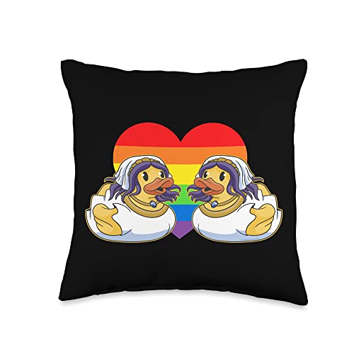 Gay Pride Gifts & Gay Pride T-Shirts by NLTS Two Rubber Duck Brides LGBT Lesbian Wedding Heart Throw Pillow, 16x16, Multicolor