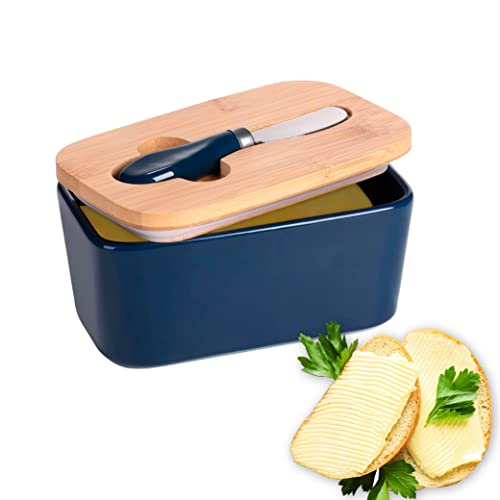 Xabono Butter Dish With Lid Blue Large Butter Dish Preserve the Freshness - Butter Storage Bamboo Lid Butter Dish with Knife - Bamboo Butter Dish Attractive Ceramic Butter dish with lid and Knife