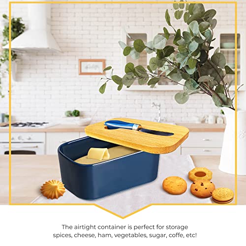 Xabono Butter Dish With Lid Blue Large Butter Dish Preserve the Freshness - Butter Storage Bamboo Lid Butter Dish with Knife - Bamboo Butter Dish Attractive Ceramic Butter dish with lid and Knife