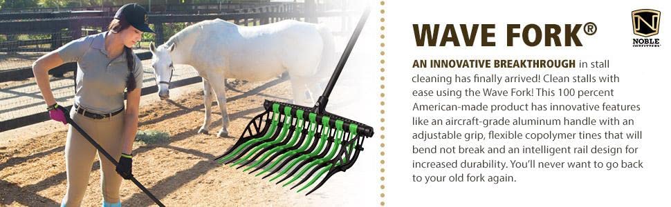 Noble Equestrian Adjustable Wave Fork for Muck, Manure, & Heavy Duty Farm Work, Hunter/Gold