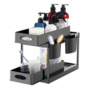 attgreat under sink organizers and storage, 2 tier bathroom cabinet organizer with 2 hanging cups and 4 hooks, sliding cabinet organizer drawer for home storage(black)