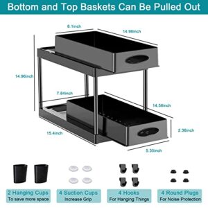 ATTGREAT Under Sink Organizers and Storage, 2 Tier Bathroom Cabinet Organizer with 2 Hanging Cups and 4 Hooks, Sliding Cabinet Organizer Drawer for Home Storage(Black)