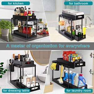 ATTGREAT Under Sink Organizers and Storage, 2 Tier Bathroom Cabinet Organizer with 2 Hanging Cups and 4 Hooks, Sliding Cabinet Organizer Drawer for Home Storage(Black)