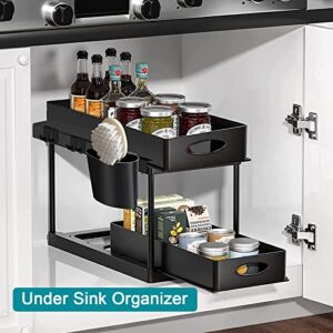 ATTGREAT Under Sink Organizers and Storage, 2 Tier Bathroom Cabinet Organizer with 2 Hanging Cups and 4 Hooks, Sliding Cabinet Organizer Drawer for Home Storage(Black)