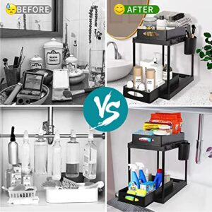 ATTGREAT Under Sink Organizers and Storage, 2 Tier Bathroom Cabinet Organizer with 2 Hanging Cups and 4 Hooks, Sliding Cabinet Organizer Drawer for Home Storage(Black)