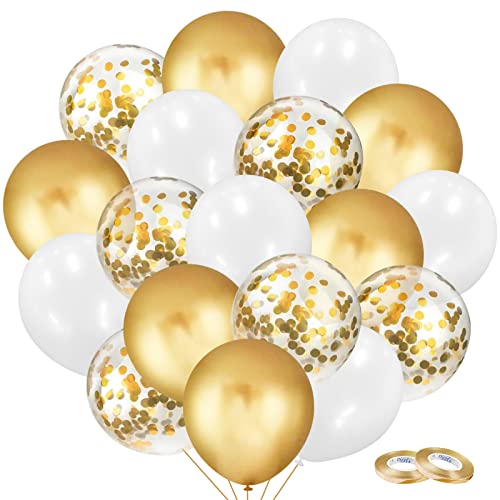 90Pcs Gold White Confetti Balloons, 12 Inches Gold Metallic Chrome Balloon, Premium Clear Confetti Balloons, Thicken Gold Glitter White Matte Latex Party Balloons for Balloon Garland Arch