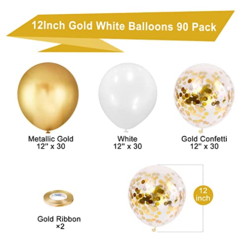 90Pcs Gold White Confetti Balloons, 12 Inches Gold Metallic Chrome Balloon, Premium Clear Confetti Balloons, Thicken Gold Glitter White Matte Latex Party Balloons for Balloon Garland Arch