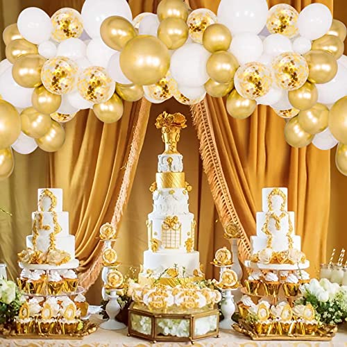 90Pcs Gold White Confetti Balloons, 12 Inches Gold Metallic Chrome Balloon, Premium Clear Confetti Balloons, Thicken Gold Glitter White Matte Latex Party Balloons for Balloon Garland Arch