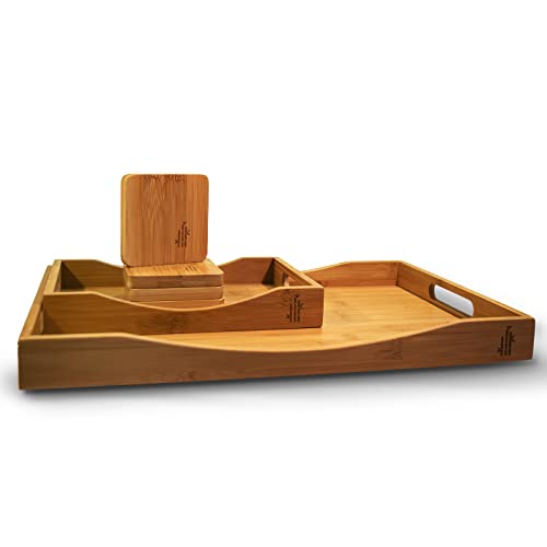 Serving Tray Bundled , with Coasters 2 Wooden & 4 Matching Handles Trays Sizes Bamboo Unfinished Wood Coasters, Light Golden (WDTRY001)