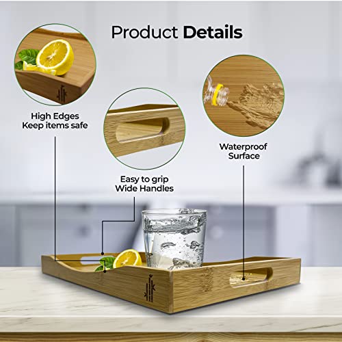 Serving Tray Bundled , with Coasters 2 Wooden & 4 Matching Handles Trays Sizes Bamboo Unfinished Wood Coasters, Light Golden (WDTRY001)