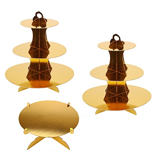 3-Tiered Cardboard Cupcake Stand,Golden Cupcake Stands, Party Cake Stand Tray, Easy Assemble Dessert Holder Paper Cupcake Stands for Party, Wedding, Afternoon Tea, Birthday (Set of 3)