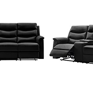 BSHTI 2pcs Black Faux Leather Motion Recliner Sofa Couch for Living Room (2-Seater+3-Seater)