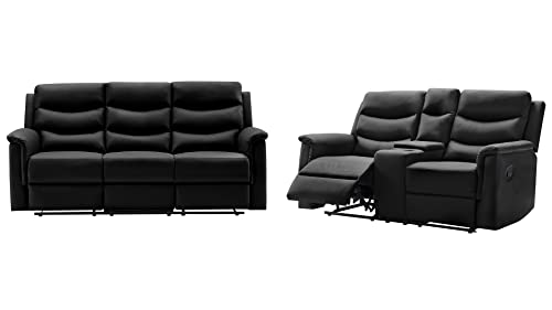 BSHTI 2pcs Black Faux Leather Motion Recliner Sofa Couch for Living Room (2-Seater+3-Seater)