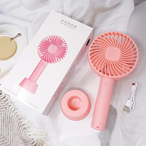 Honbay Handheld Rechargeable Fan Portable USB Fan Mini Hand Fan with Base for Home/Office/Travel - 3 Speeds, 4 Hours - Battery not Included (Pink)