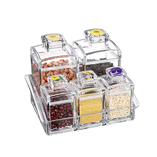 Bestfull Spice Container 5 PCS Sealed Containers with Handle Lids and Tray, Seasoning Containers Square-shaped for Spice, Salt, Sugar, Kitchen Storage and Countertop Use with Random Flower