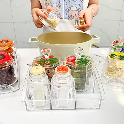 Bestfull Spice Container 5 PCS Sealed Containers with Handle Lids and Tray, Seasoning Containers Square-shaped for Spice, Salt, Sugar, Kitchen Storage and Countertop Use with Random Flower