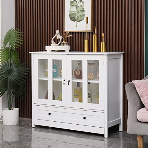 Large Buffet Cabinet for Living Room Kitchen, White Storage Sideboard with Glass Doors and Drawer, Credenza Console Table for Dining Room Entryway, Wooden Serve Cupboard Pantry Cabinet with Shelves