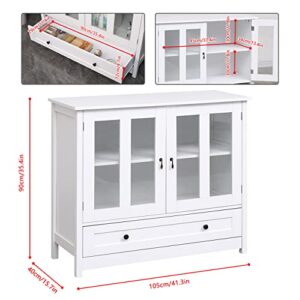 Large Buffet Cabinet for Living Room Kitchen, White Storage Sideboard with Glass Doors and Drawer, Credenza Console Table for Dining Room Entryway, Wooden Serve Cupboard Pantry Cabinet with Shelves