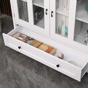 Large Buffet Cabinet for Living Room Kitchen, White Storage Sideboard with Glass Doors and Drawer, Credenza Console Table for Dining Room Entryway, Wooden Serve Cupboard Pantry Cabinet with Shelves